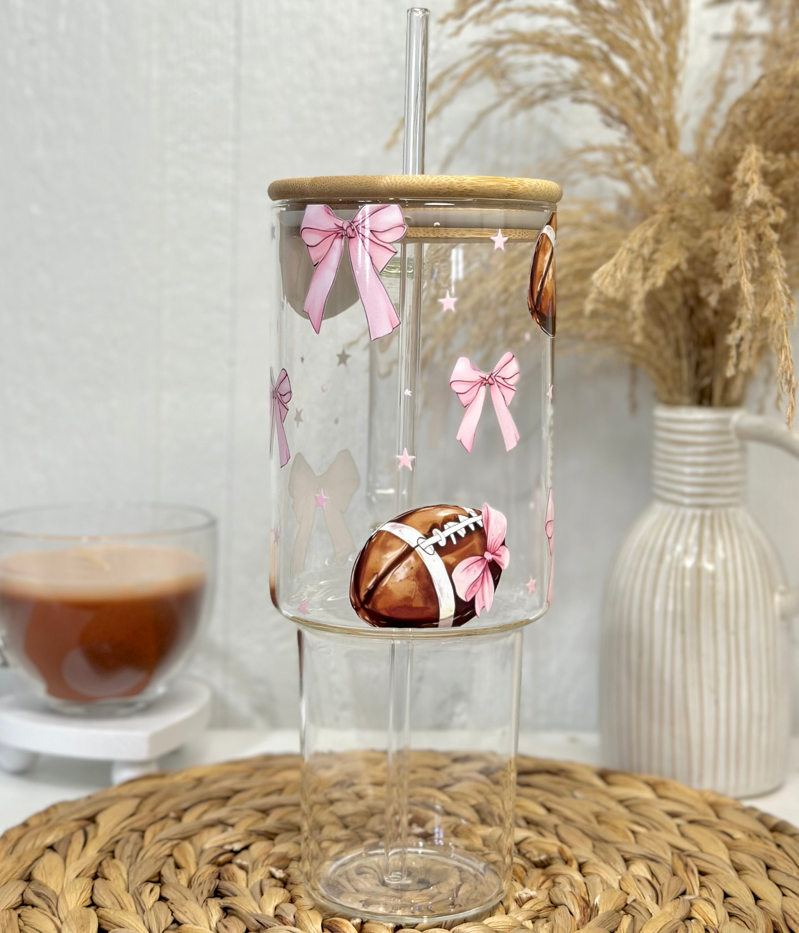 Pink Bows & Football Glass Cup – Sip & Sparkle